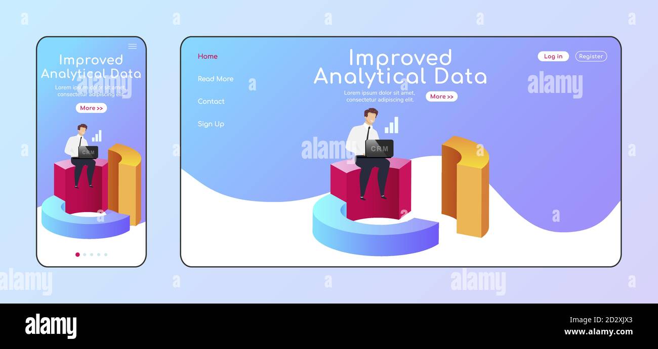 Improved analytical data adaptive landing page flat color vector ...