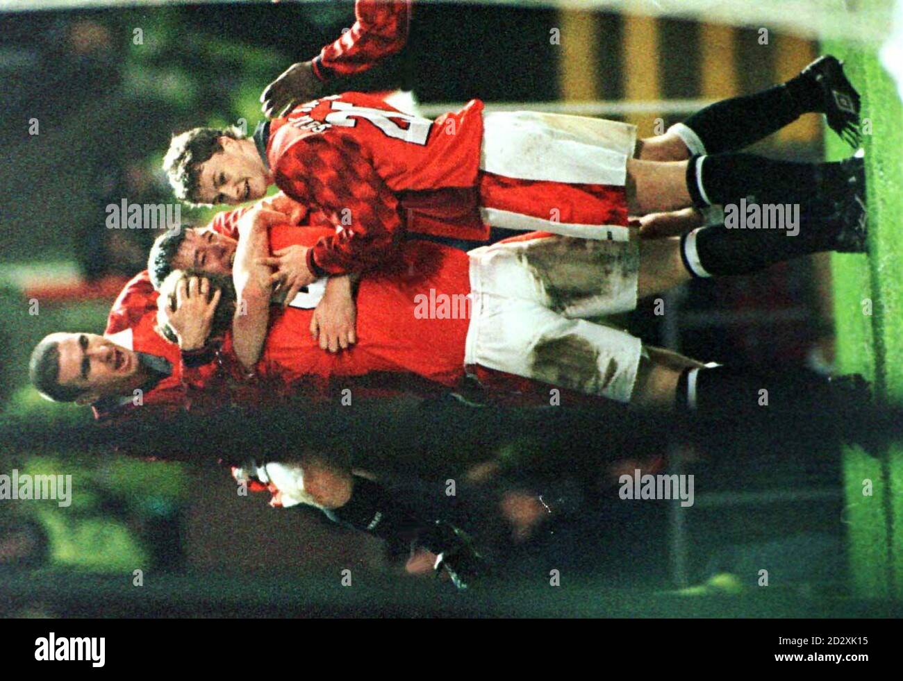 Manchester United celebrate after David May opened the scoring for his ...