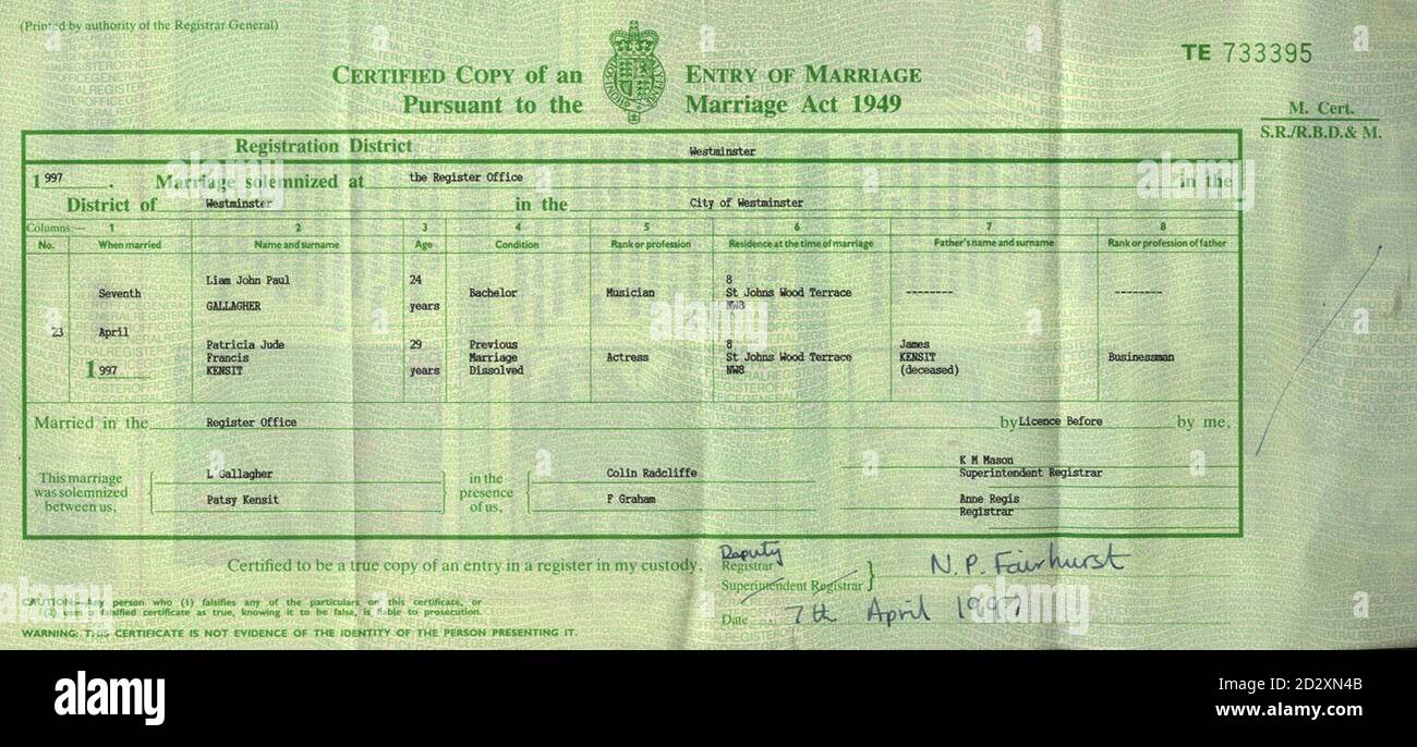 A copy of Liam Gallagher's and Patsy Kensit's marriage certificate. The ...