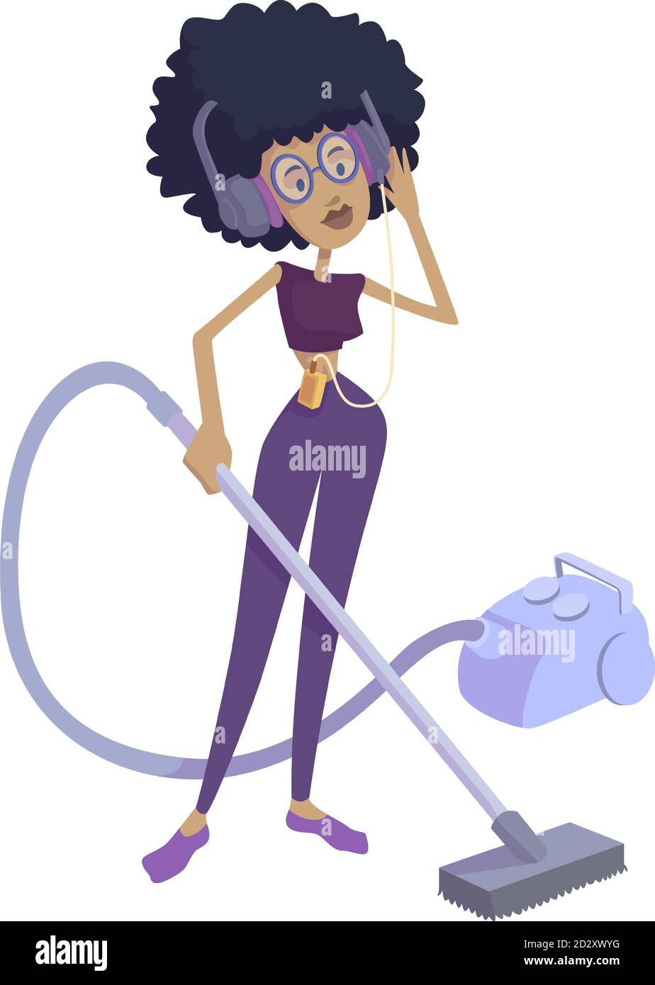 Woman in headphones vacuum cleaning flat cartoon vector illustration ...