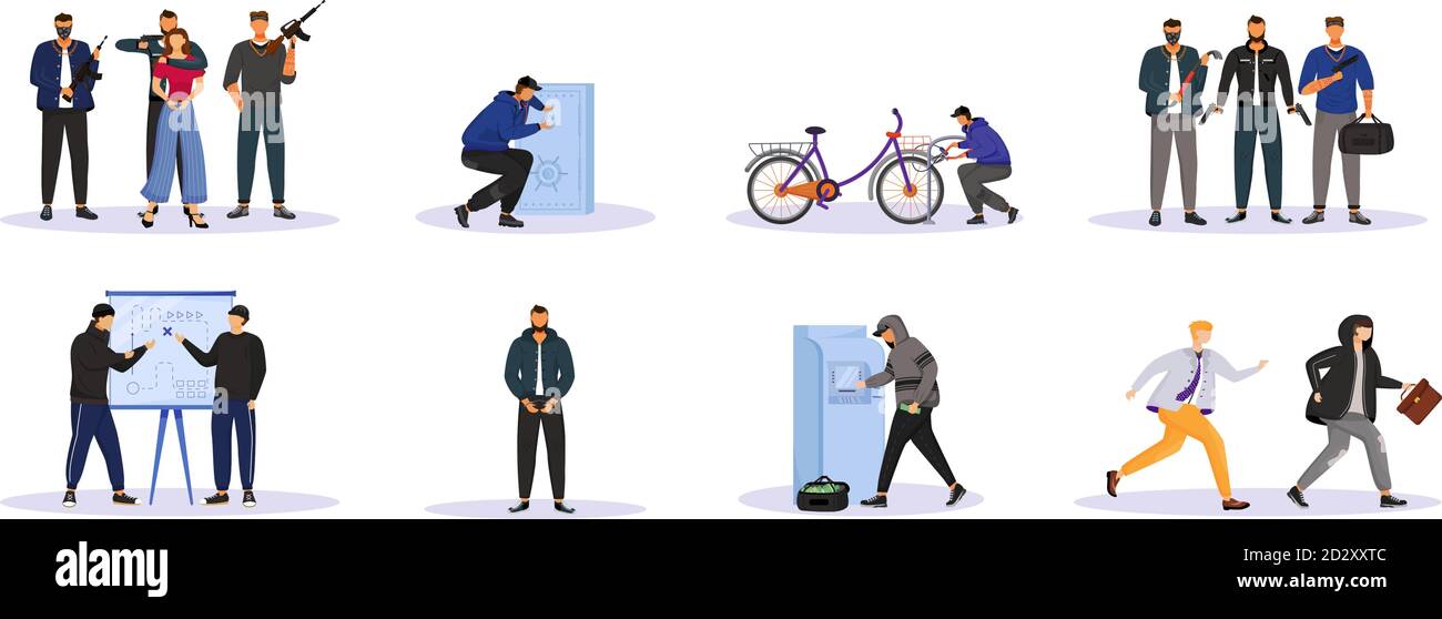 Criminal activity flat color vector faceless characters set. Organized ...