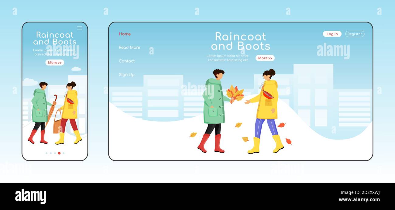 Raincoat and boots landing page flat color vector template. Mobile ...