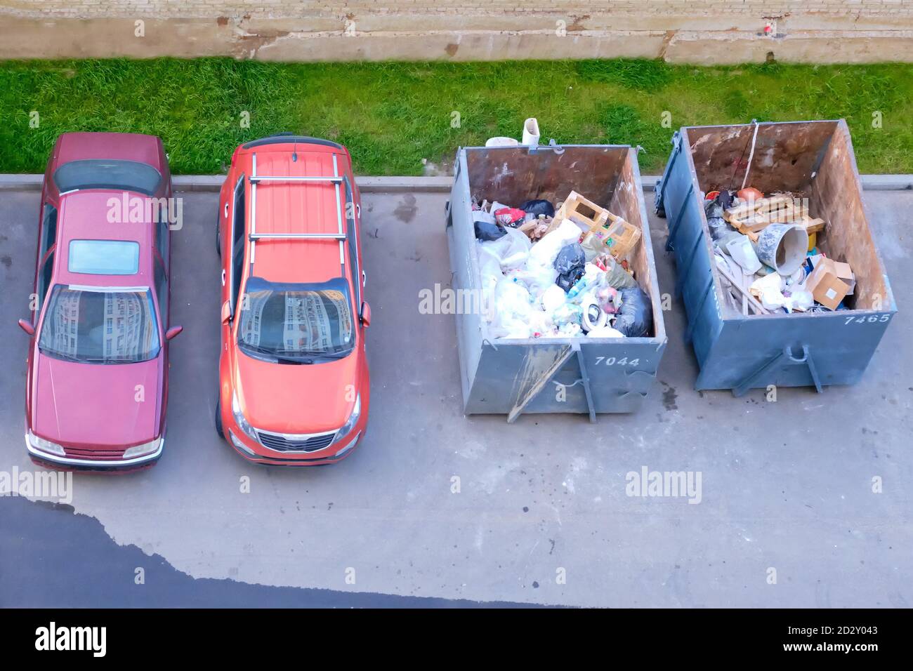 Parking auto and large containers with garbage, top view Stock Photo ...