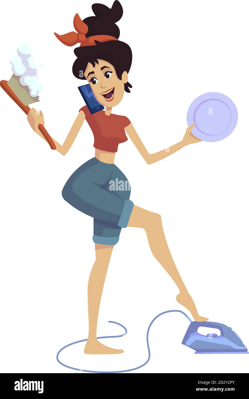 Housewife Flat Cartoon Vector Illustration Woman Doing Housework