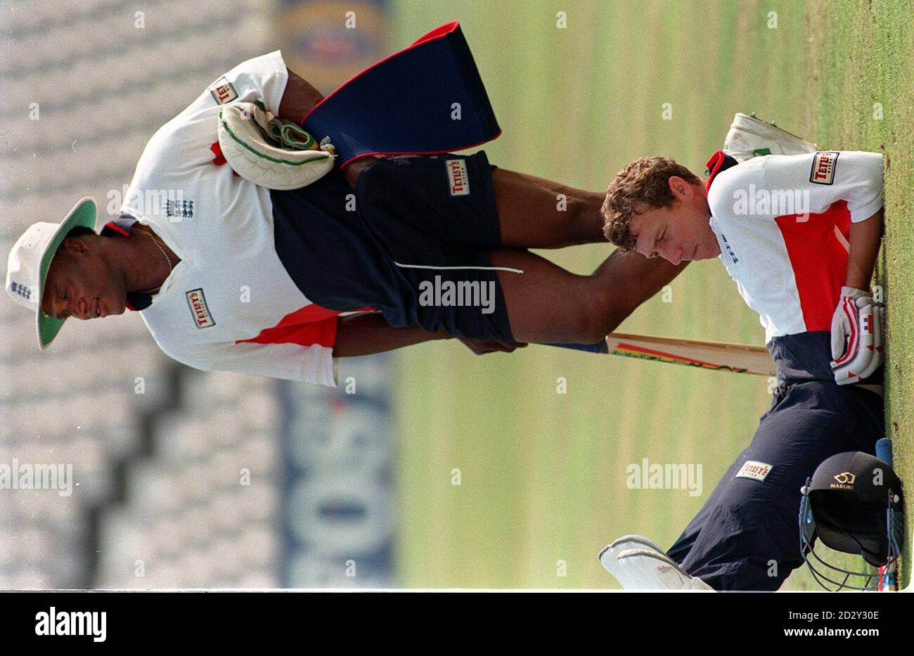 England captain mike atherton lying down devon malcolm hi-res stock ...