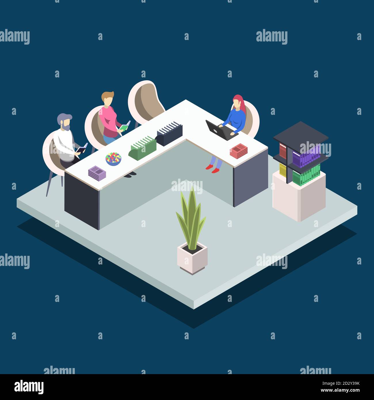 Modern book library isometric color vector illustration. Student in ...