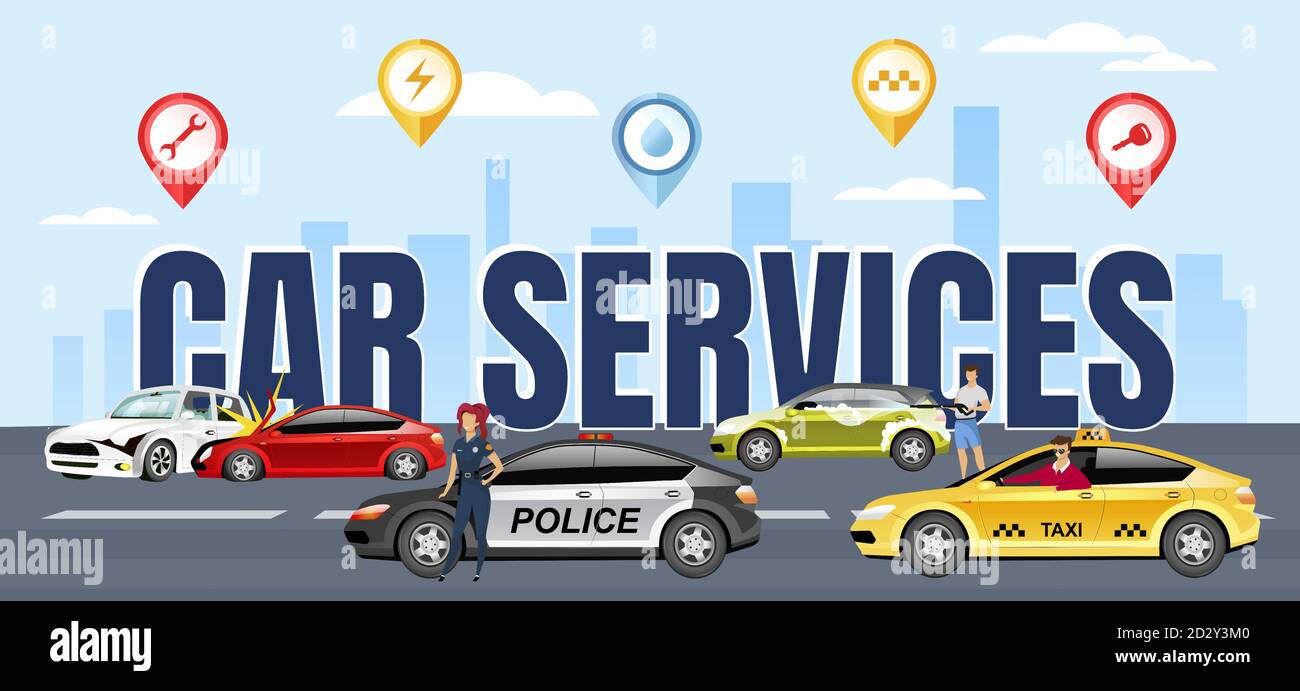 Car services word concepts flat color vector banner. Typography with ...