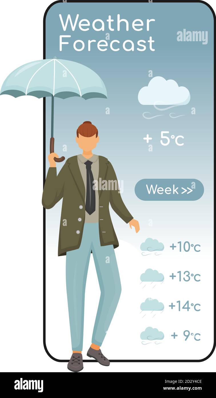 Weather forecast cartoon smartphone vector app screen. Mobile phone ...