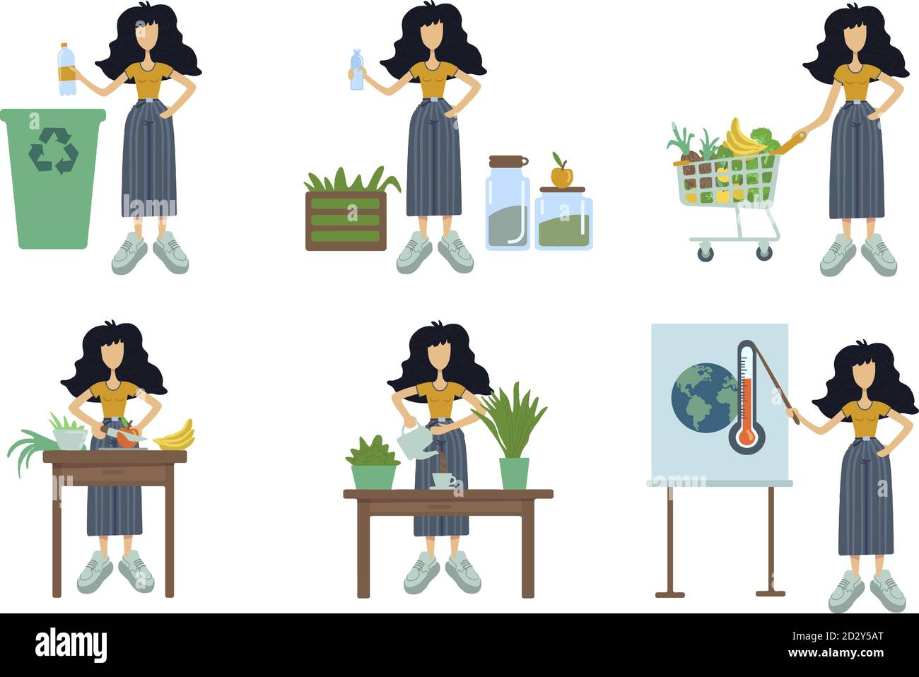 Zero waste flat cartoon vector illustrations kit. Standing woman ...