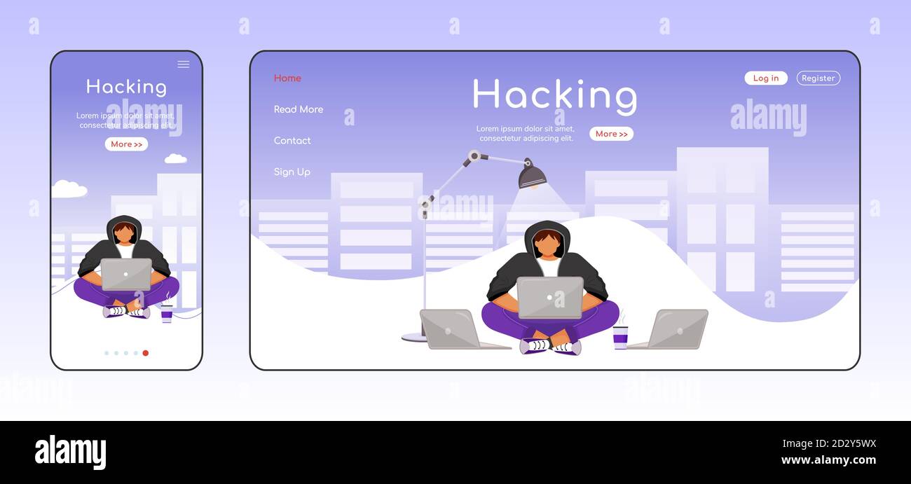 Hacking adaptive landing page flat color vector template. Online ...