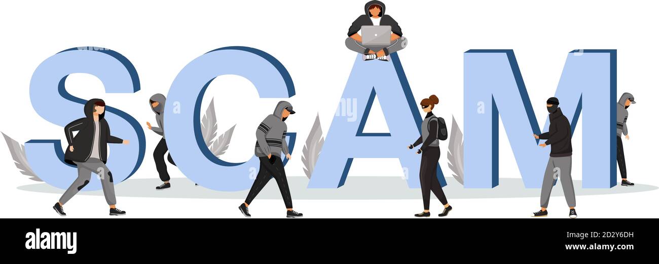Scam word concepts flat color vector banner. Theft and burglary. Street ...