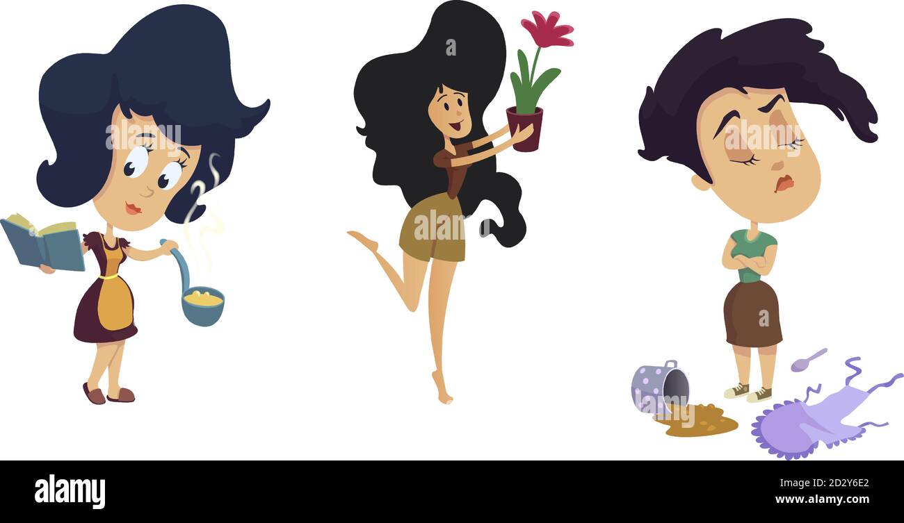 Cheerful and confident housewives with kitchen utensils flat cartoon ...