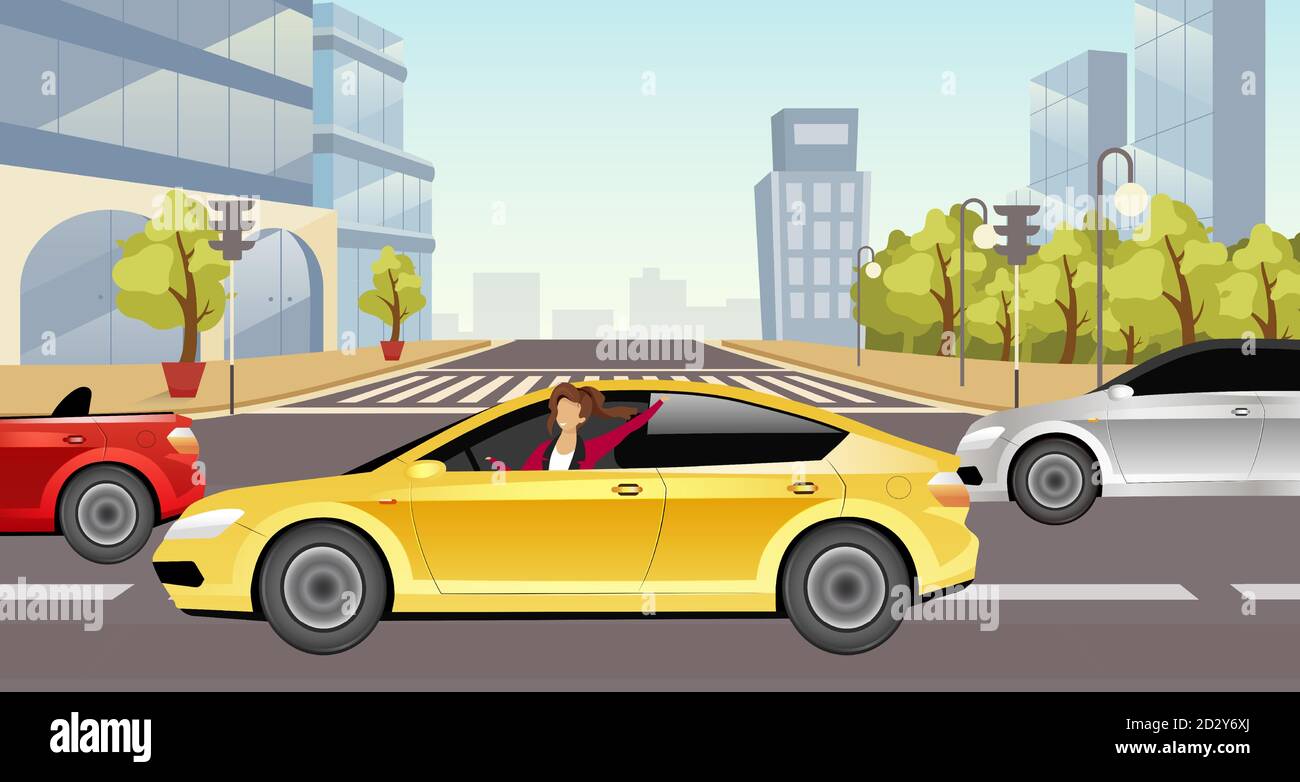 Girl driving sedan flat color vector illustration. Happy lady in yellow ...