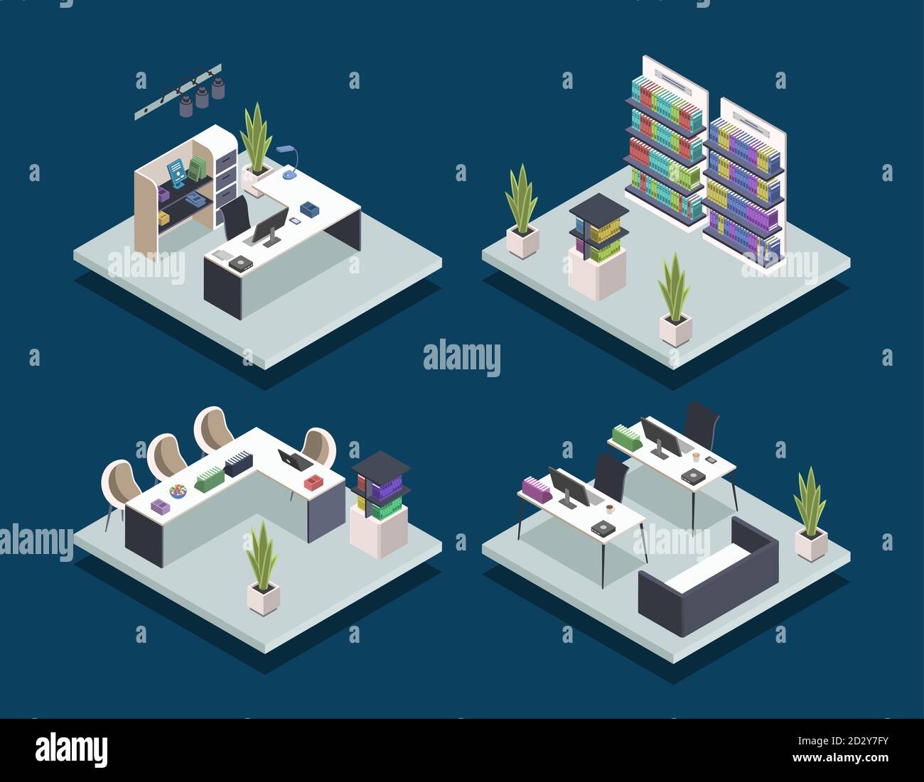 Modern book library isometric color vector illustrations set. Bookstore ...