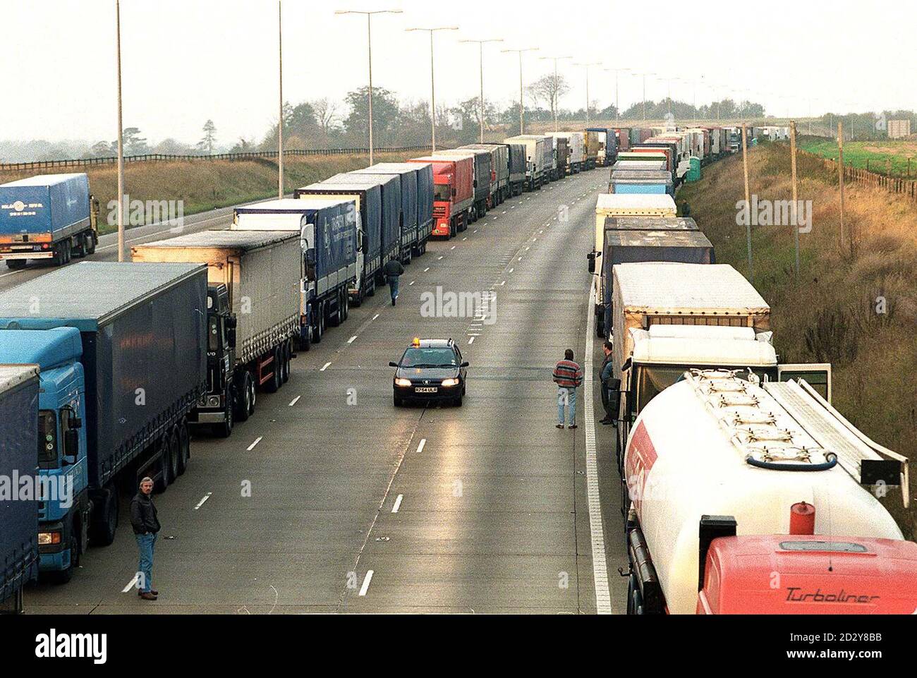 Lorries stacked on the M20 near Folkestone, this morning (Weds), where ...