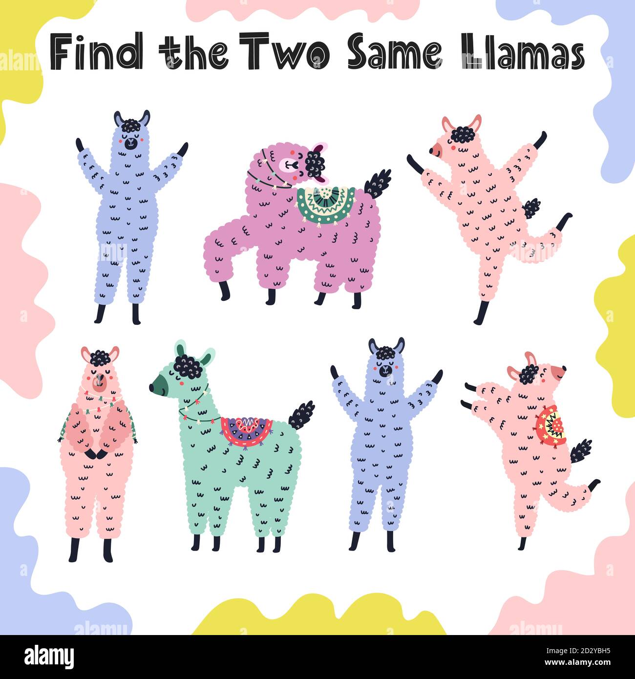 Find the two same llamas. Educational activity game for toddlers Stock ...