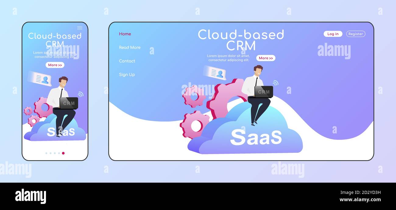 Cloud based CRM adaptive landing page flat color vector template ...