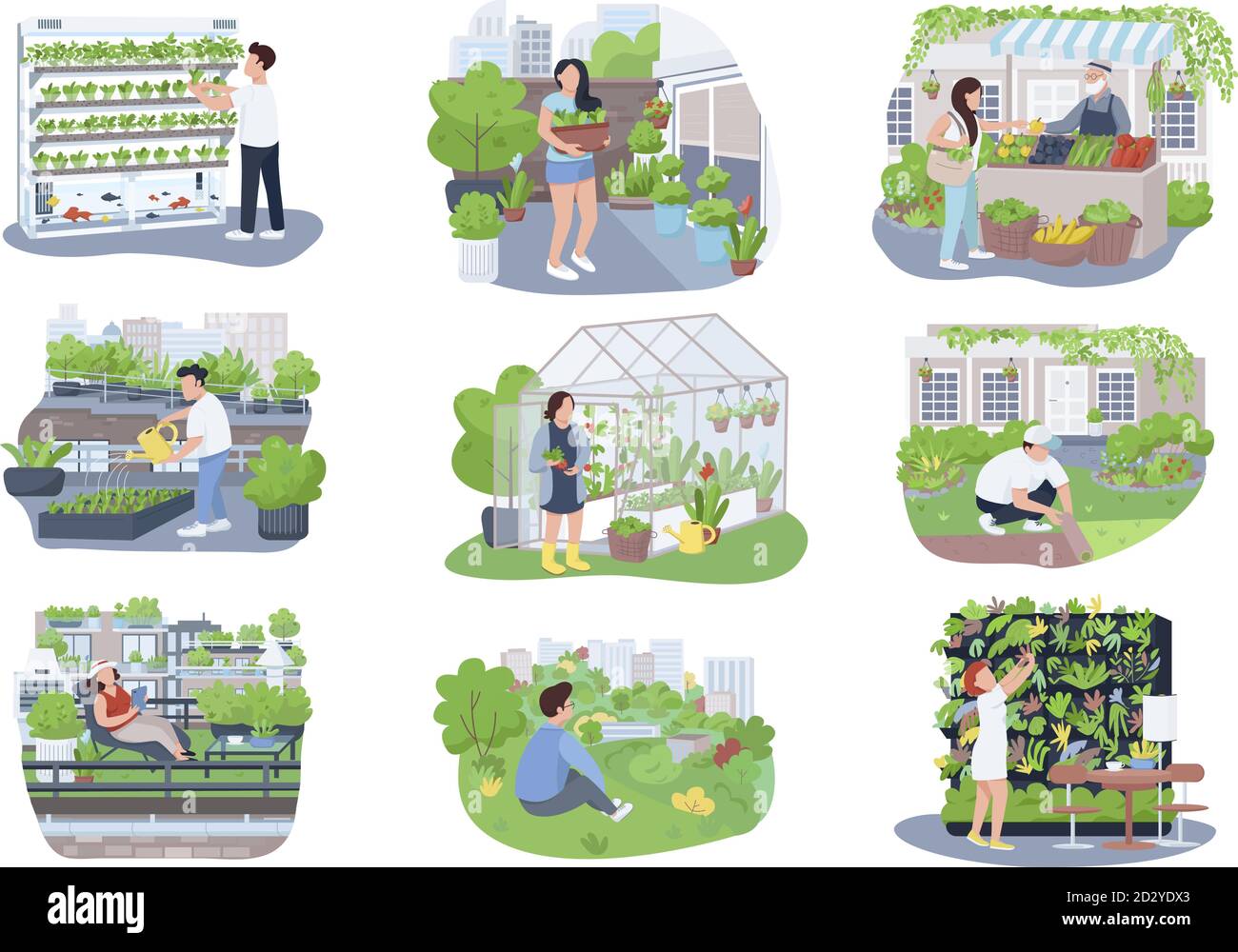 Urban gardening 2D vector web banners, posters set. Gardeners ...