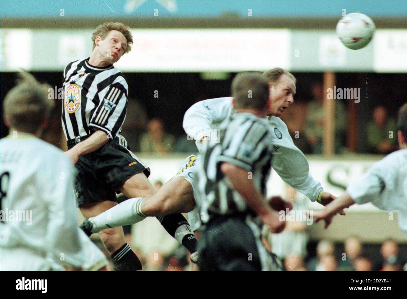 Newcastle's Stuart Pearce heads towards goal as Newcastle put pressure ...