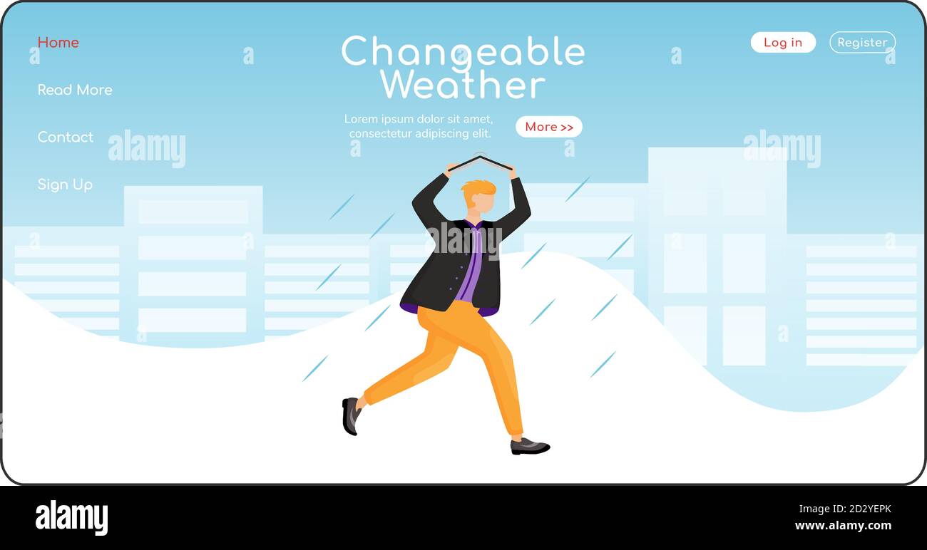 Changeable weather landing page flat color vector template. Man in ...