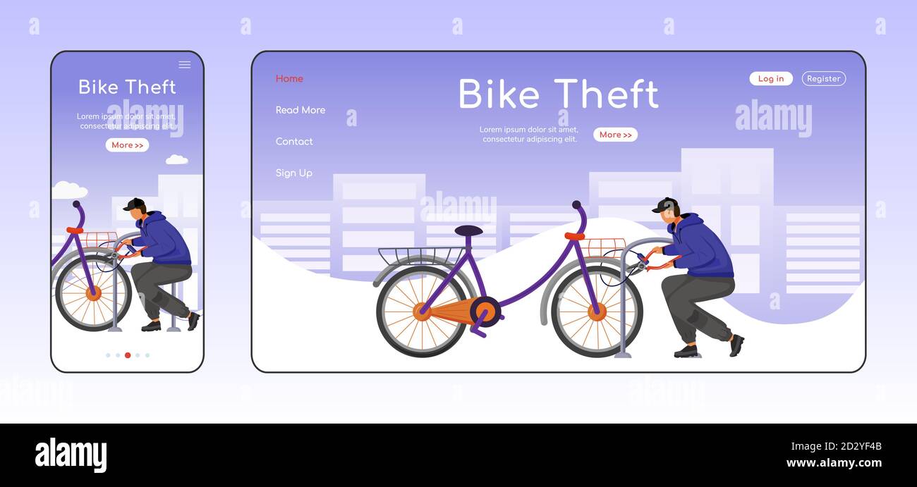Bike theft adaptive landing page flat color vector template. Street ...