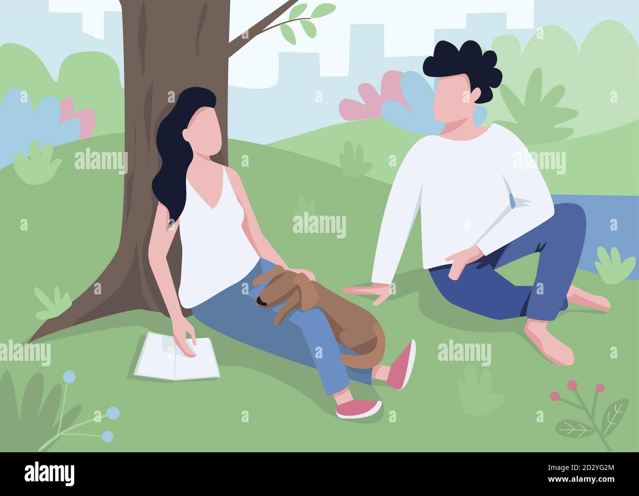 Couple meeting in park flat color vector illustration. Young ...