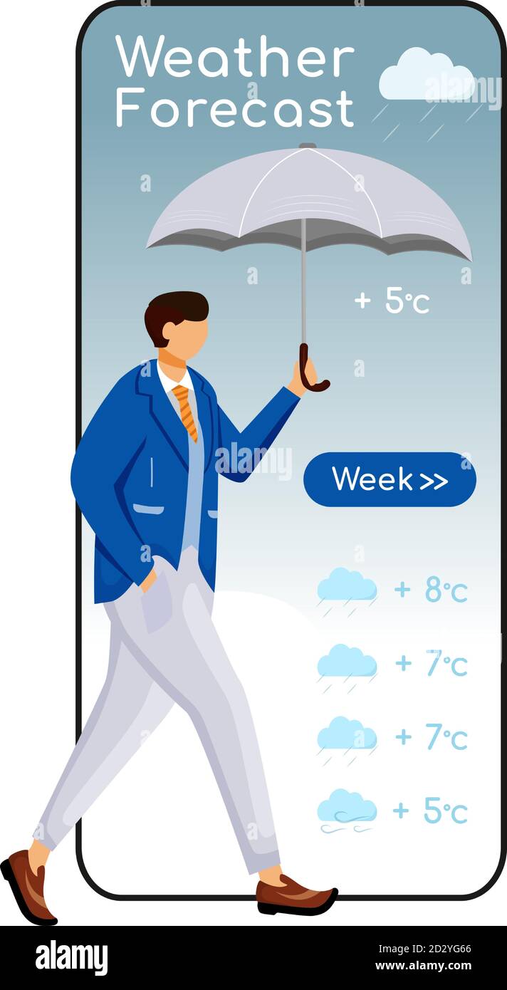 Weather forecast cartoon smartphone vector app screen. Mobile phone ...
