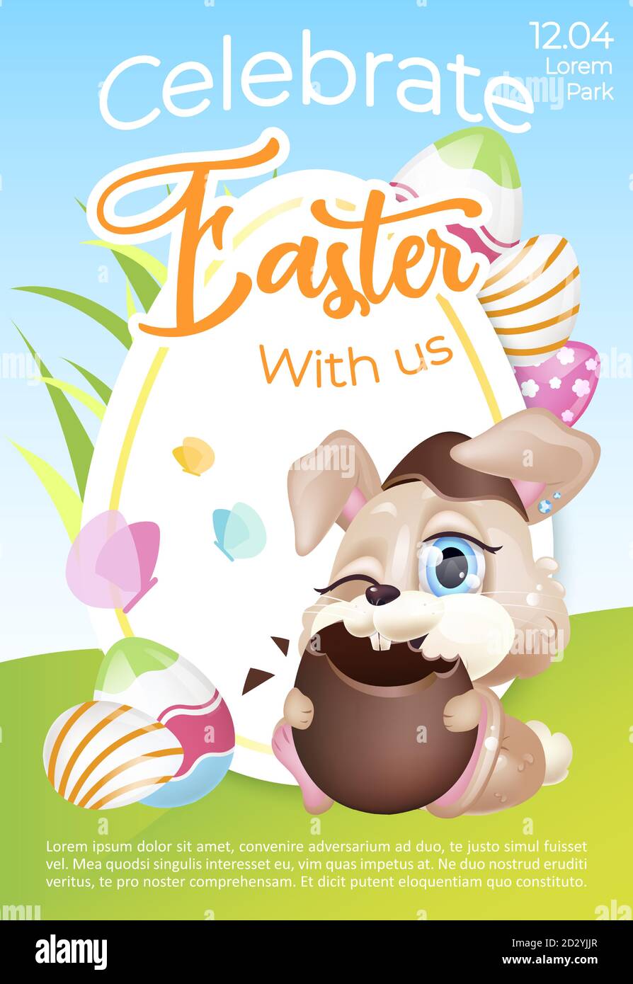 Easter holiday celebration event poster flat vector template. Eggs ...