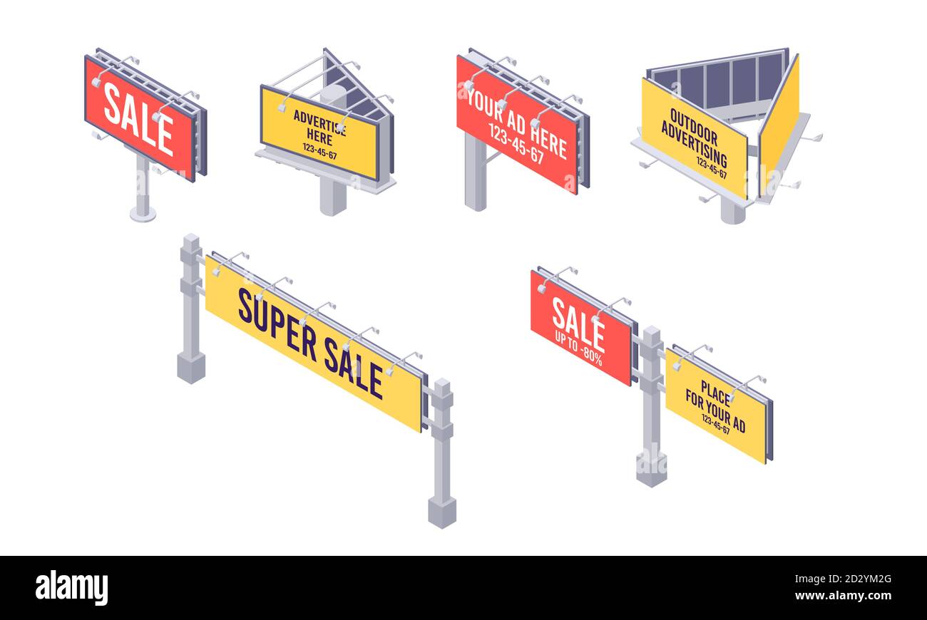 Isometric billboard set with canvas for outdoor advertising. Billing ...