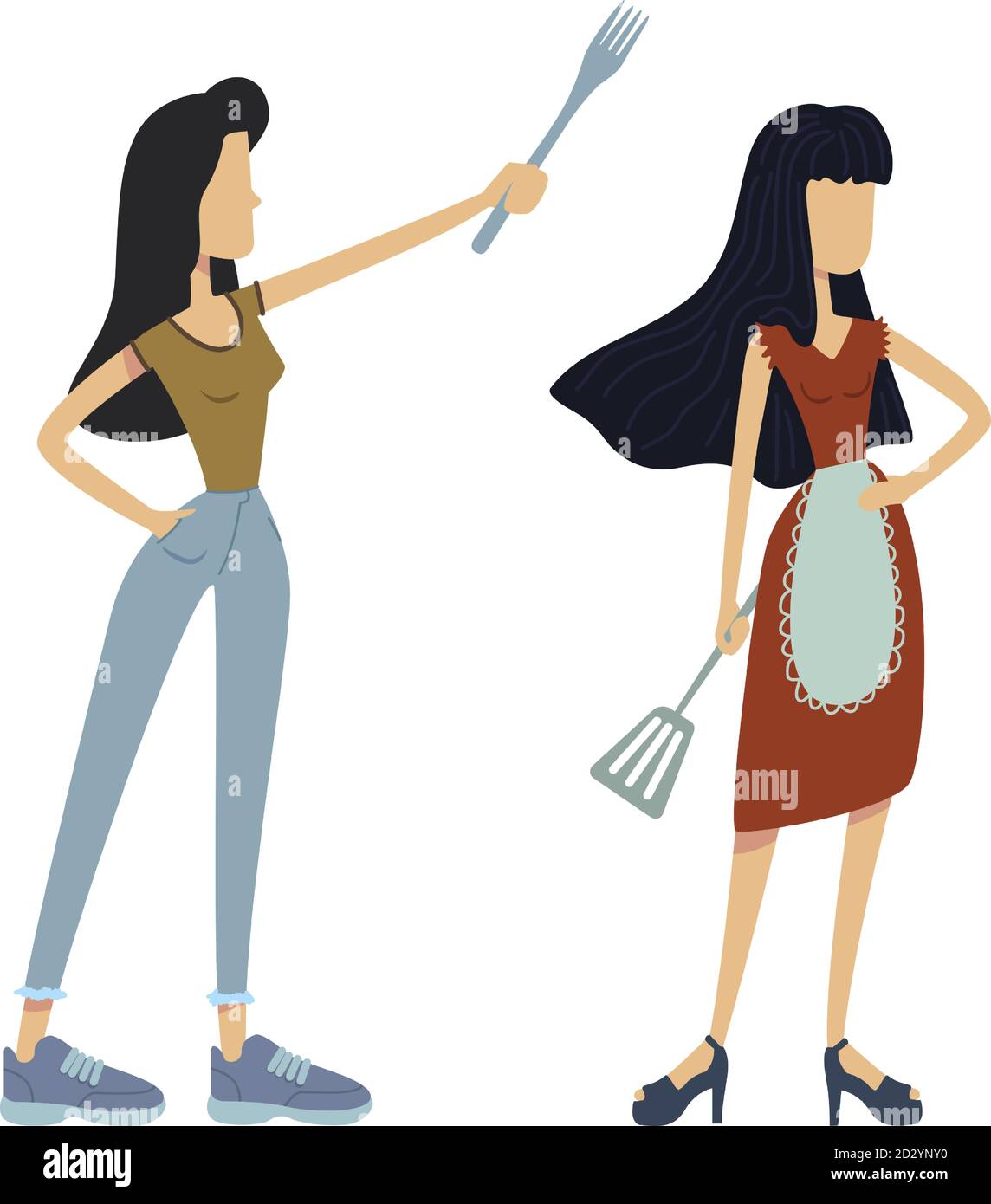 Housewives with kitchen utensils flat cartoon vector illustrations kit ...