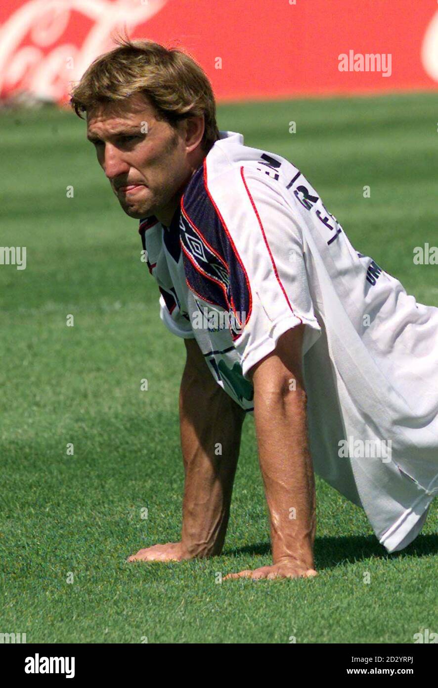 Englands' Tony Adams stretches during a training session at La Boule ...