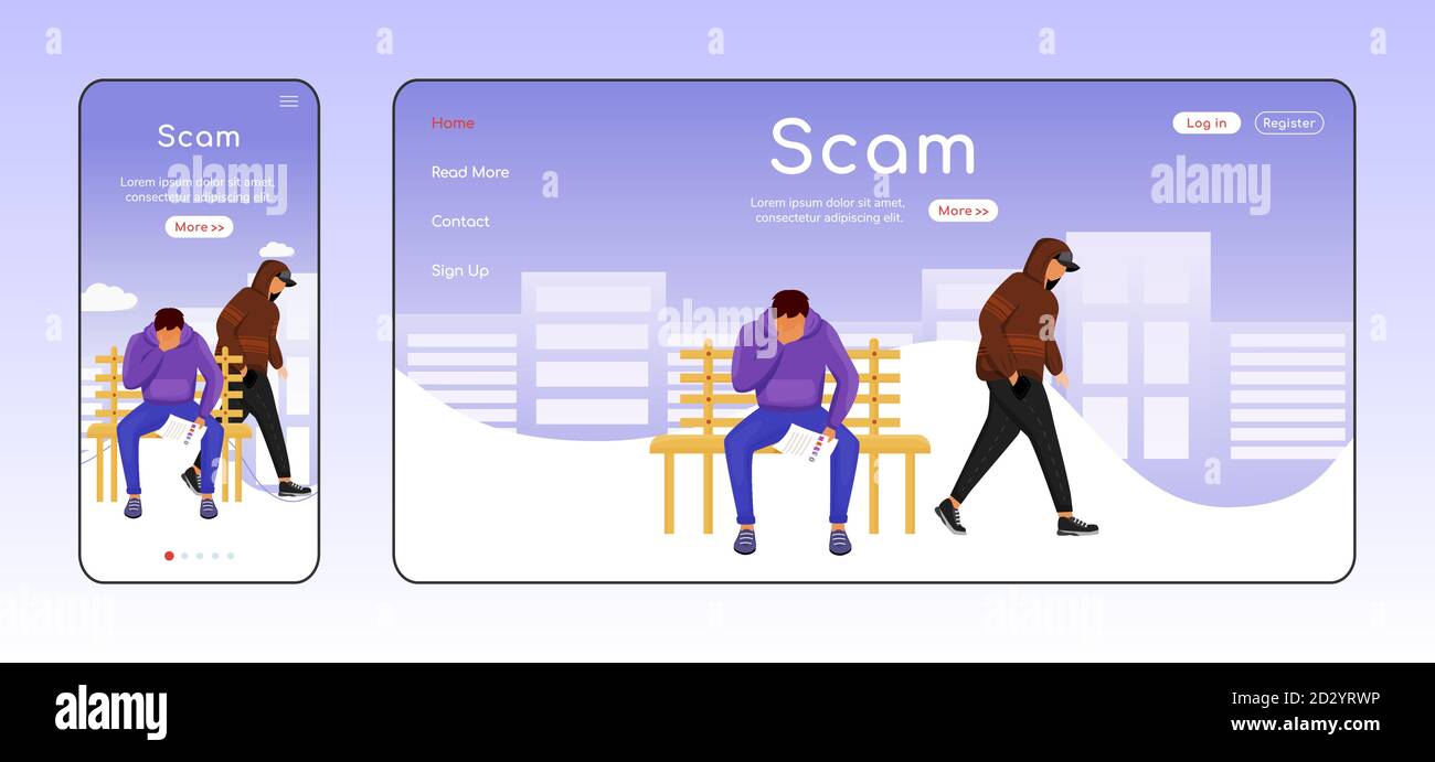 Scam adaptive landing page flat color vector template. Blackmailing ...