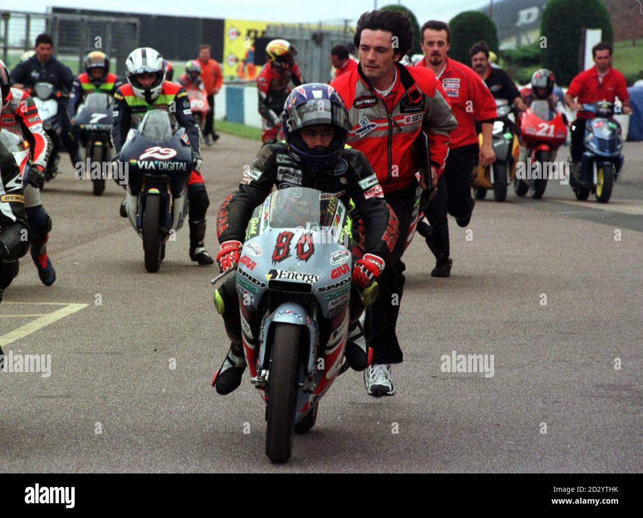 Leon Haslam, son of motorcycle champion Ron Haslam, gets a push start ...