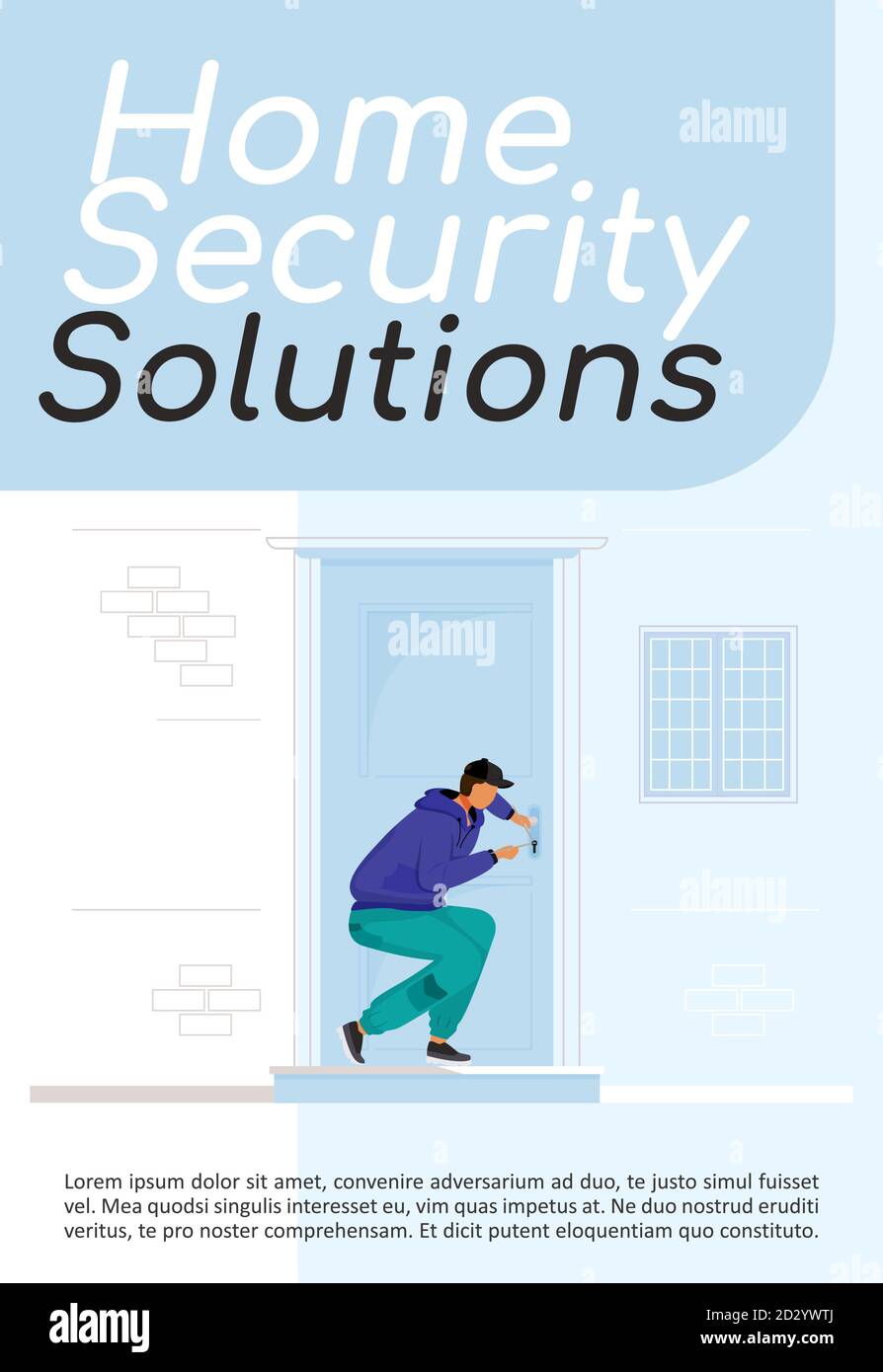 Home security solutions poster flat vector template. Theft protection ...
