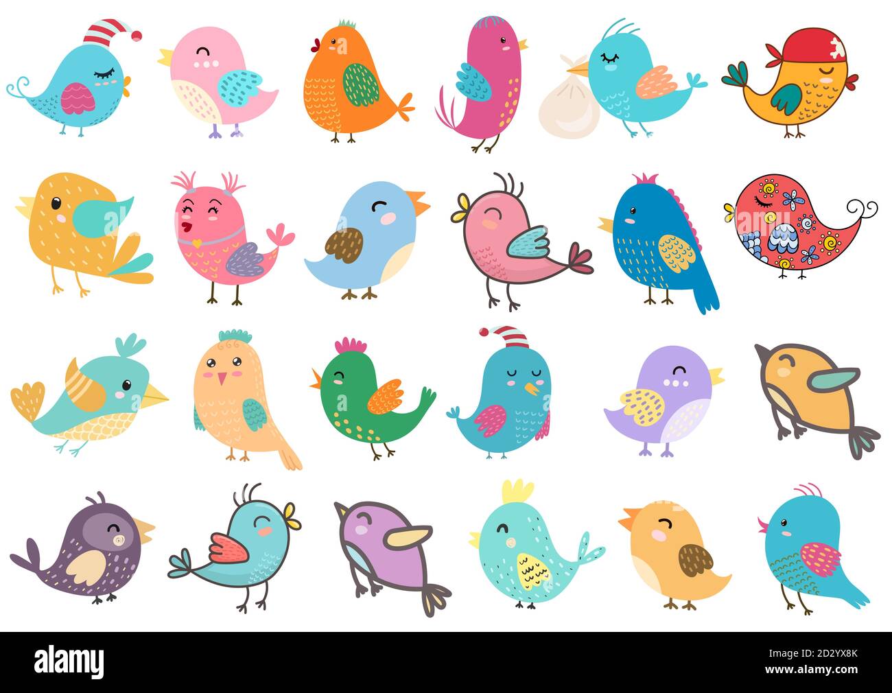 Cute birds big set. Clipart bundle with funny colorful birds. Isolated ...