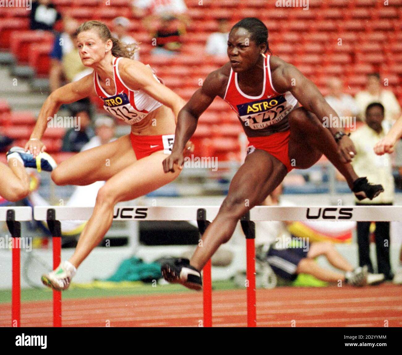 English Heptathletes Clova Court (front) and Kerry Jury jump the first ...