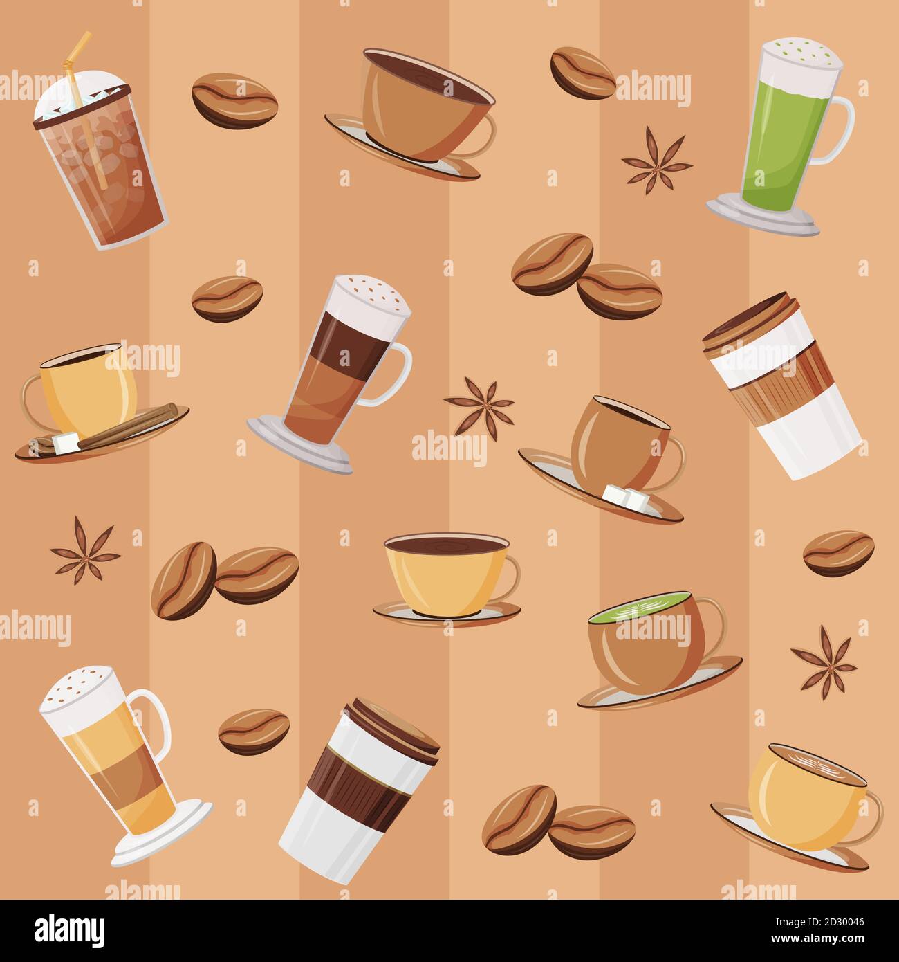 Coffee mugs flat vector seamless pattern. Matcha latte. Caramel ...