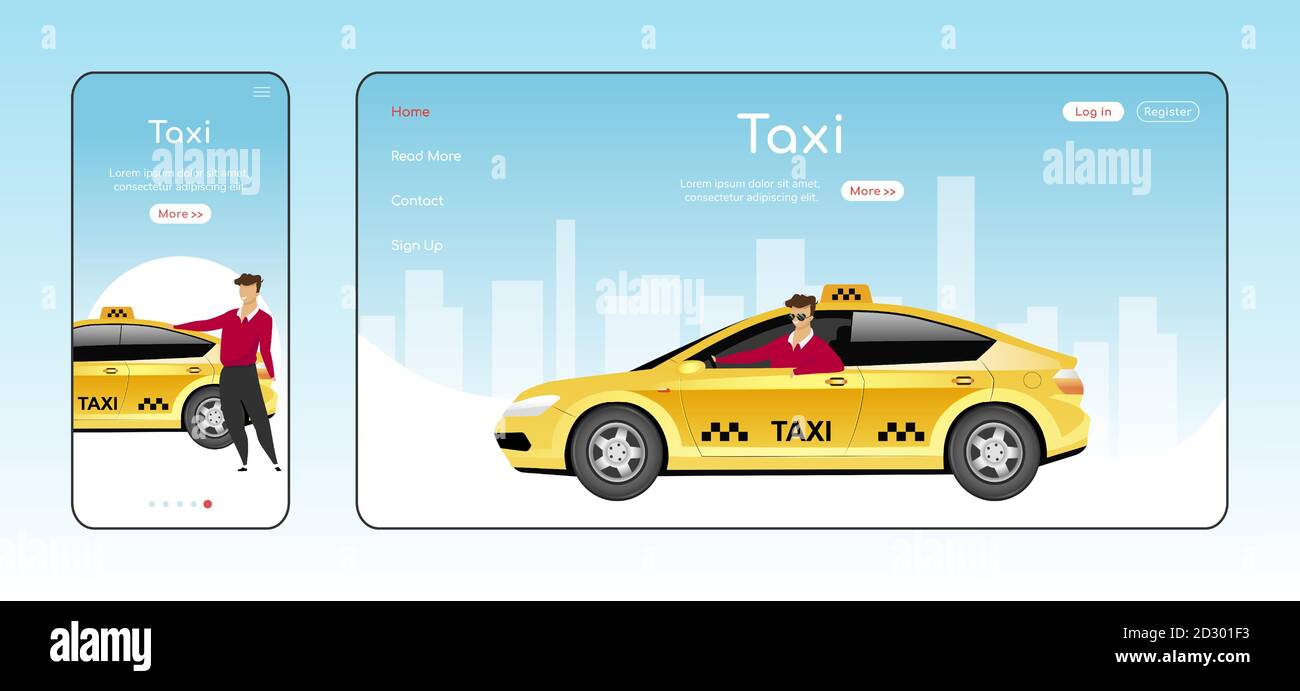 Taxi responsive landing page flat color vector template. Car order ...