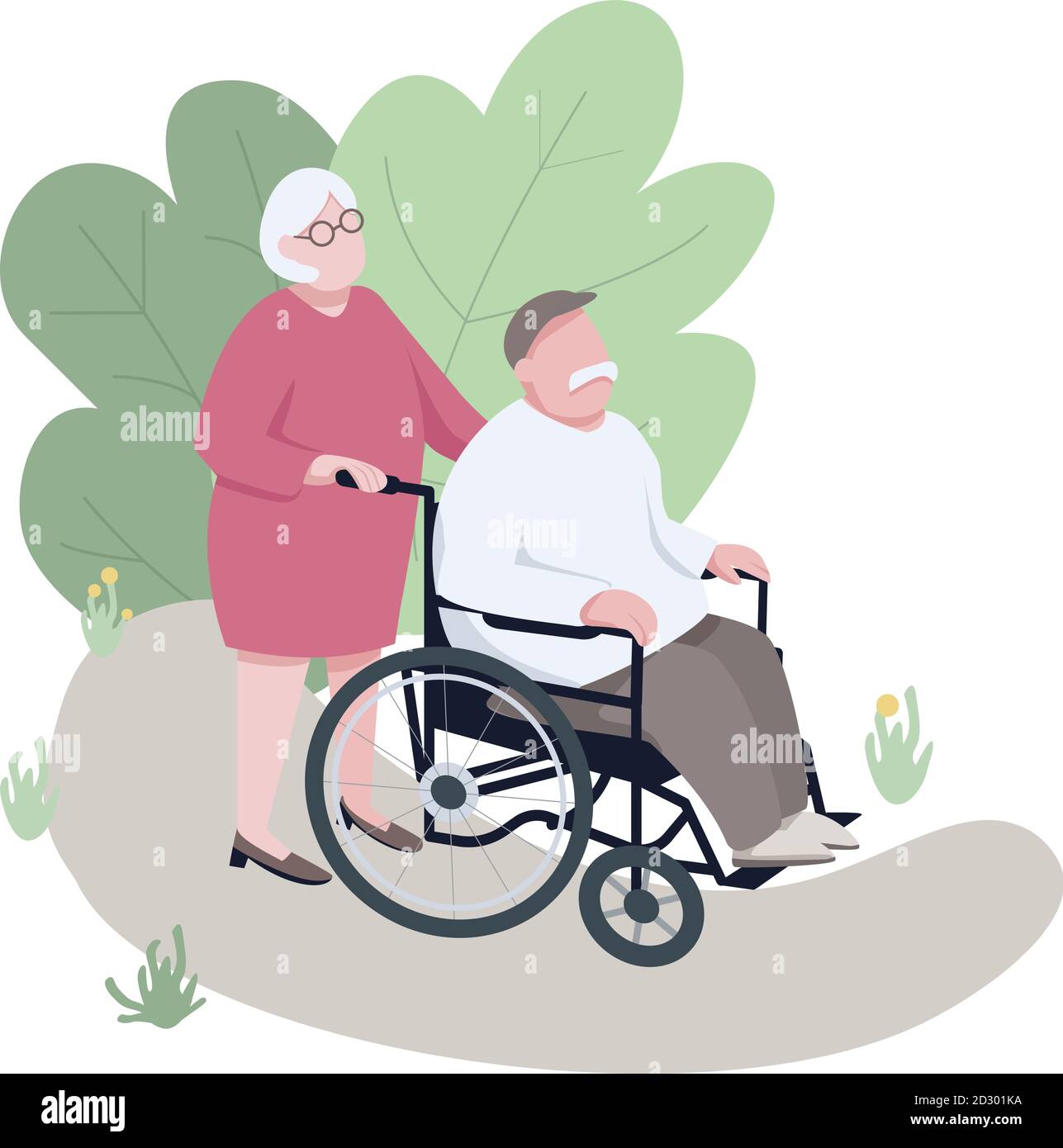 Wife helping disabled husband flat color vector faceless characters ...