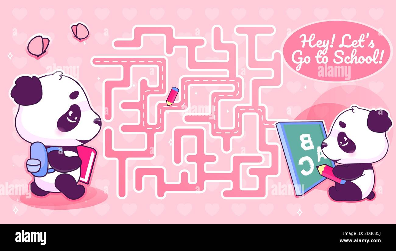 Lets go to school labyrinth with cartoon character template. Animal ...