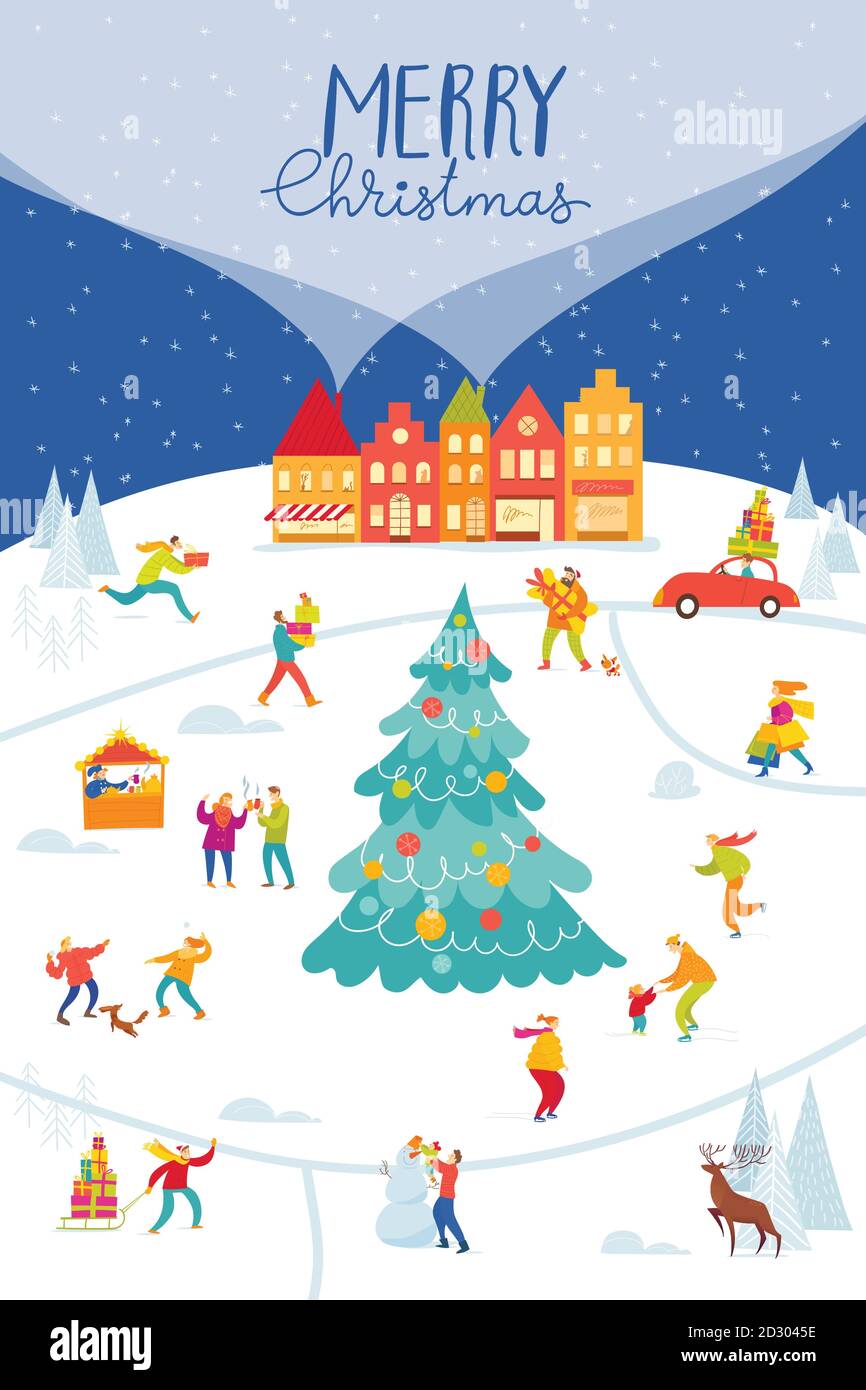 Christmas Market poster with city map and people doing winter ...