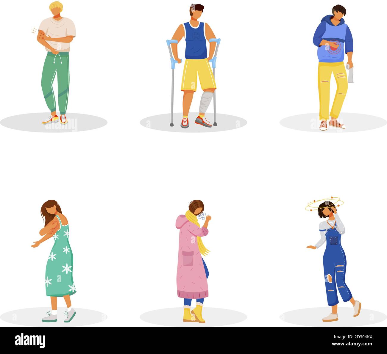 Unwell patients flat color vector faceless characters set. Stomach ache ...