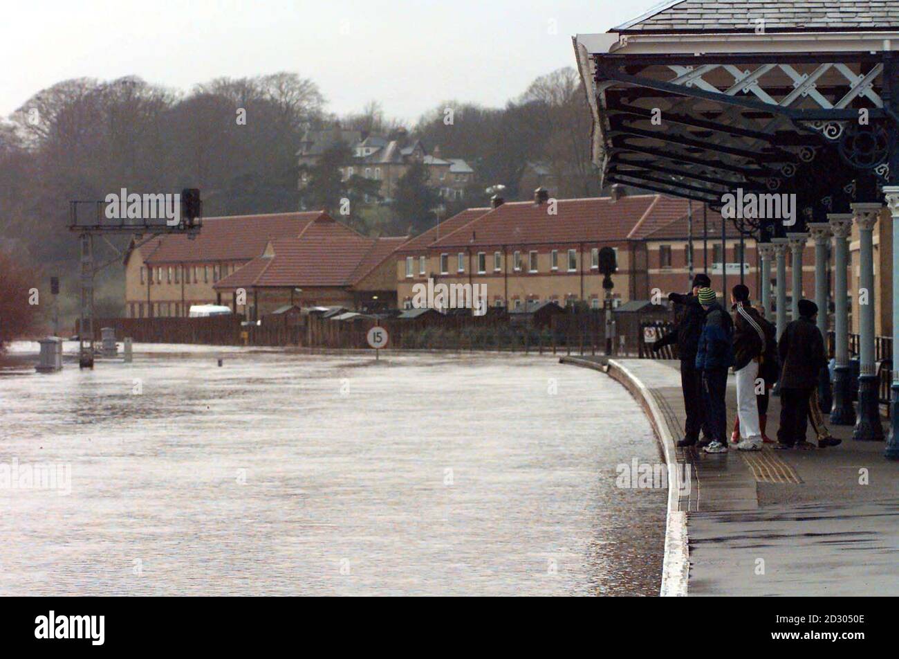 Local children gather on the platform of Malton Railway Station. Flood ...