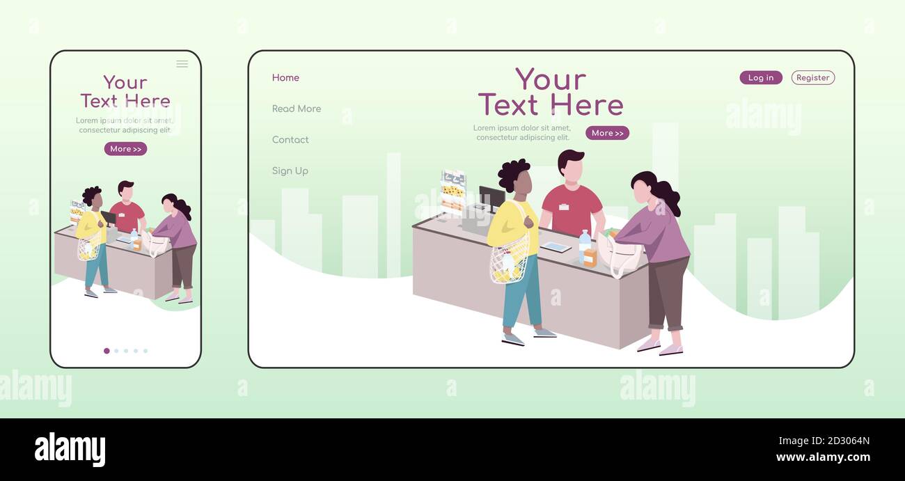 Grocery shopping adaptive landing page flat color vector template ...
