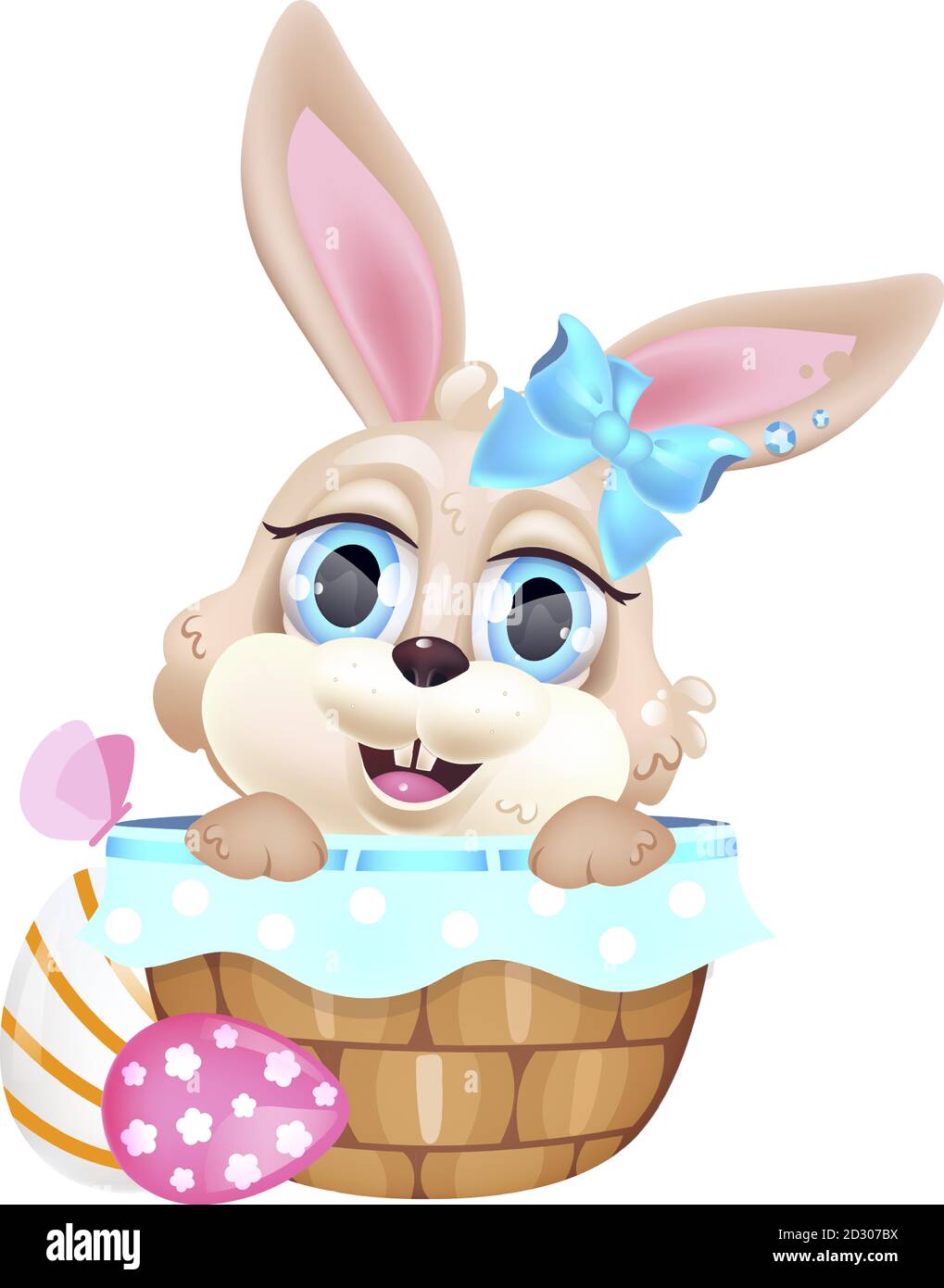 Cute little bunny sitting in basket kawaii cartoon vector character ...