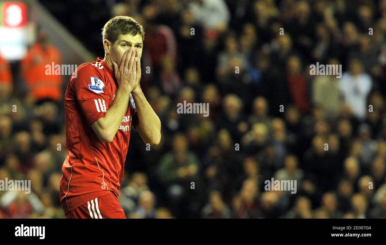 Liverpool's Steven Gerrard shows his dejection after a missed chance ...