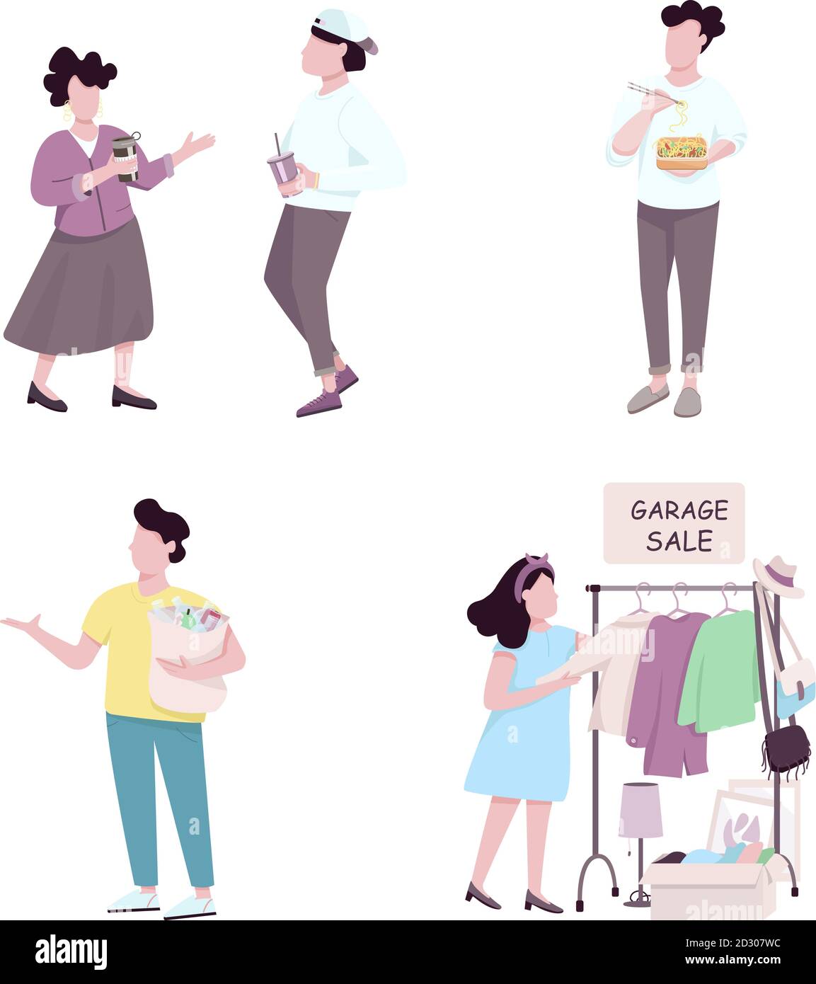 Consumers flat color vector faceless characters set. Woman at garage ...