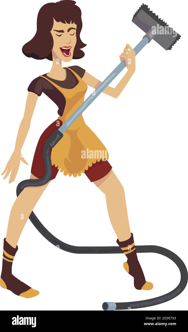 Woman dancing and cleaning room flat cartoon vector illustration. Leo ...