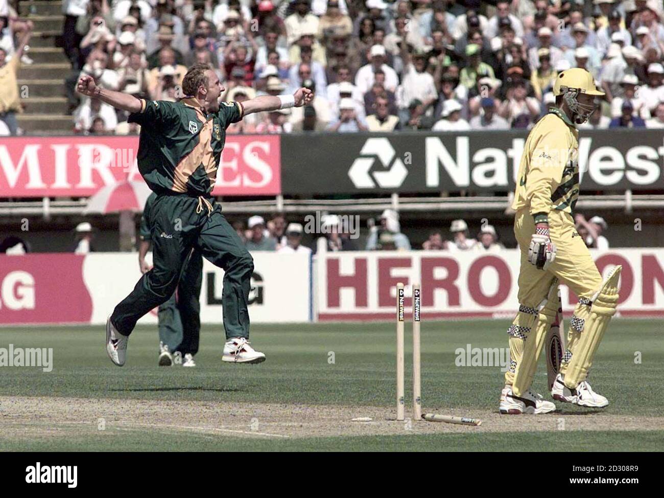 South African fast bowler Alan Donald celebrates after bowling ...