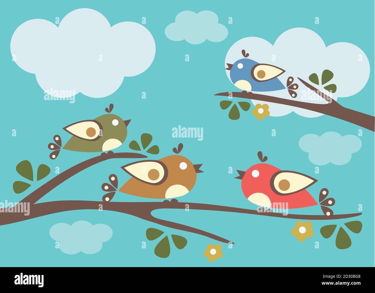 Birds sitting on tree branches. Vector Illustration, sunny day Stock ...